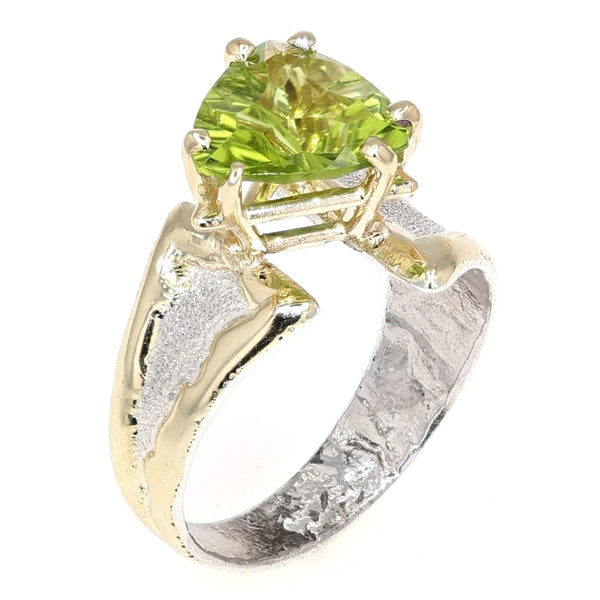 14K Gold & Crystalline Silver Trillion-Cut Peridot Asymmetric Split ...