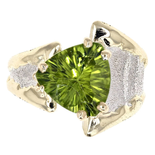 14K Gold & Crystalline Silver Trillion-Cut Peridot Asymmetric Split ...