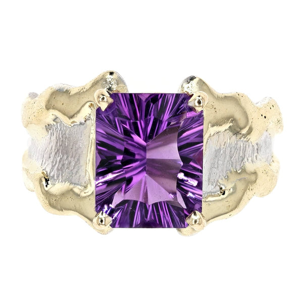 14K Gold & Crystalline Silver Emerald-Cut Amethyst Wavy Split Taper ...