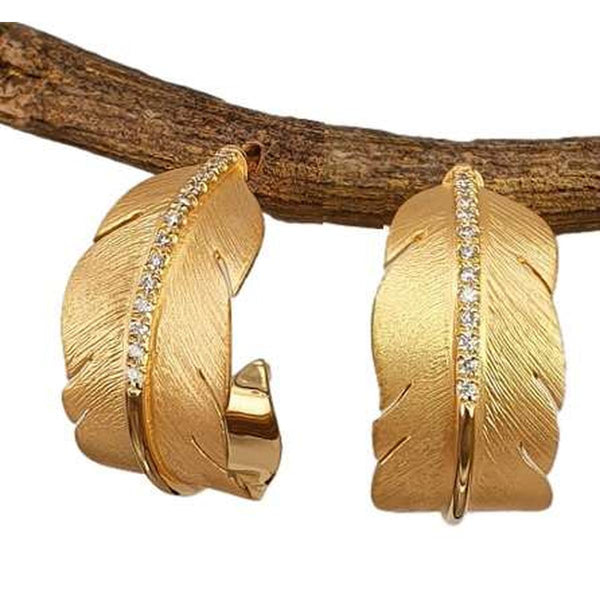 14K Gold Diamond Feather Hoop Earrings - M9610 - Marika