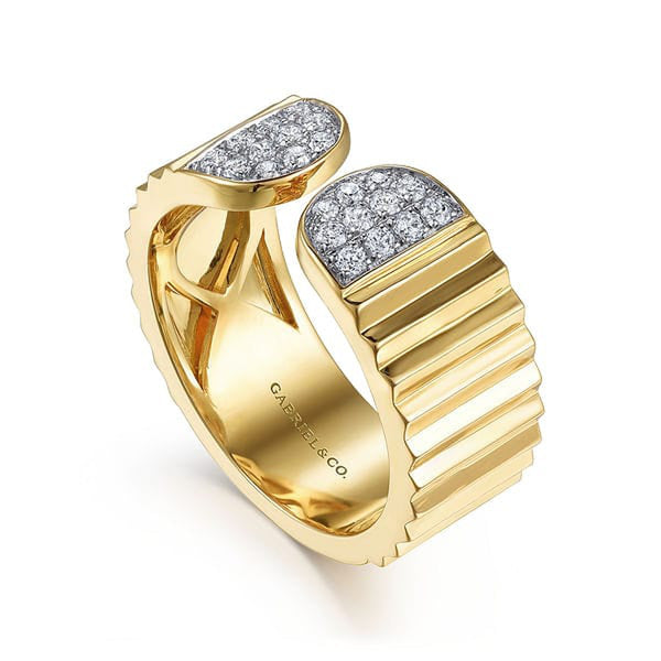 14K Yellow Gold Open Ring w/ Diamond Pavé End Caps and Diamond Cut ...
