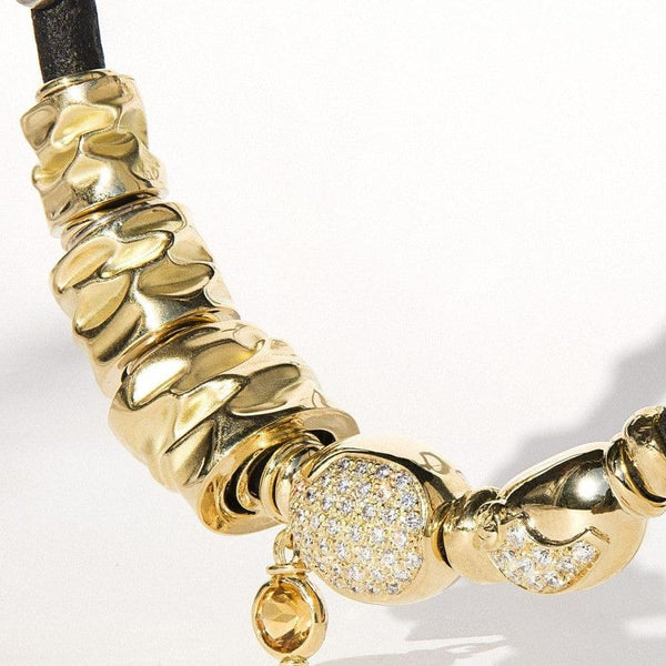 Leather Necklace with Gold Elements, Pave Diamonds - Misani Milano